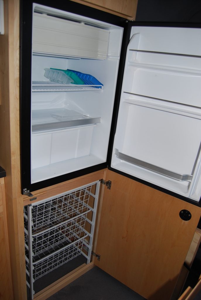 Sprinter_camper_van_fridge and wire drawers - Sprinter RV